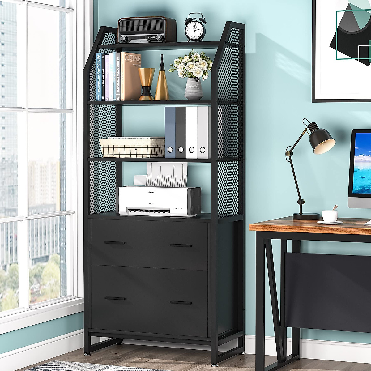 Tribesigns 2 Drawer File Cabinet with Bookshelf, Modern Vertical Filing Cabinet for Letter/Legal/A4 Size File, Large Printer Stand with Open Storage Shelves for Home Office, Black