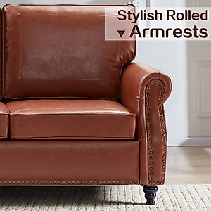 WILLOVE 79'' Faux Leather Sofa, Classic 3 Seater Leather Couch with Rolled Arm and Nailhead Trim, Mid-Century Modern Couch for Living Room, Apartment, Easy to Install, Tan Brown