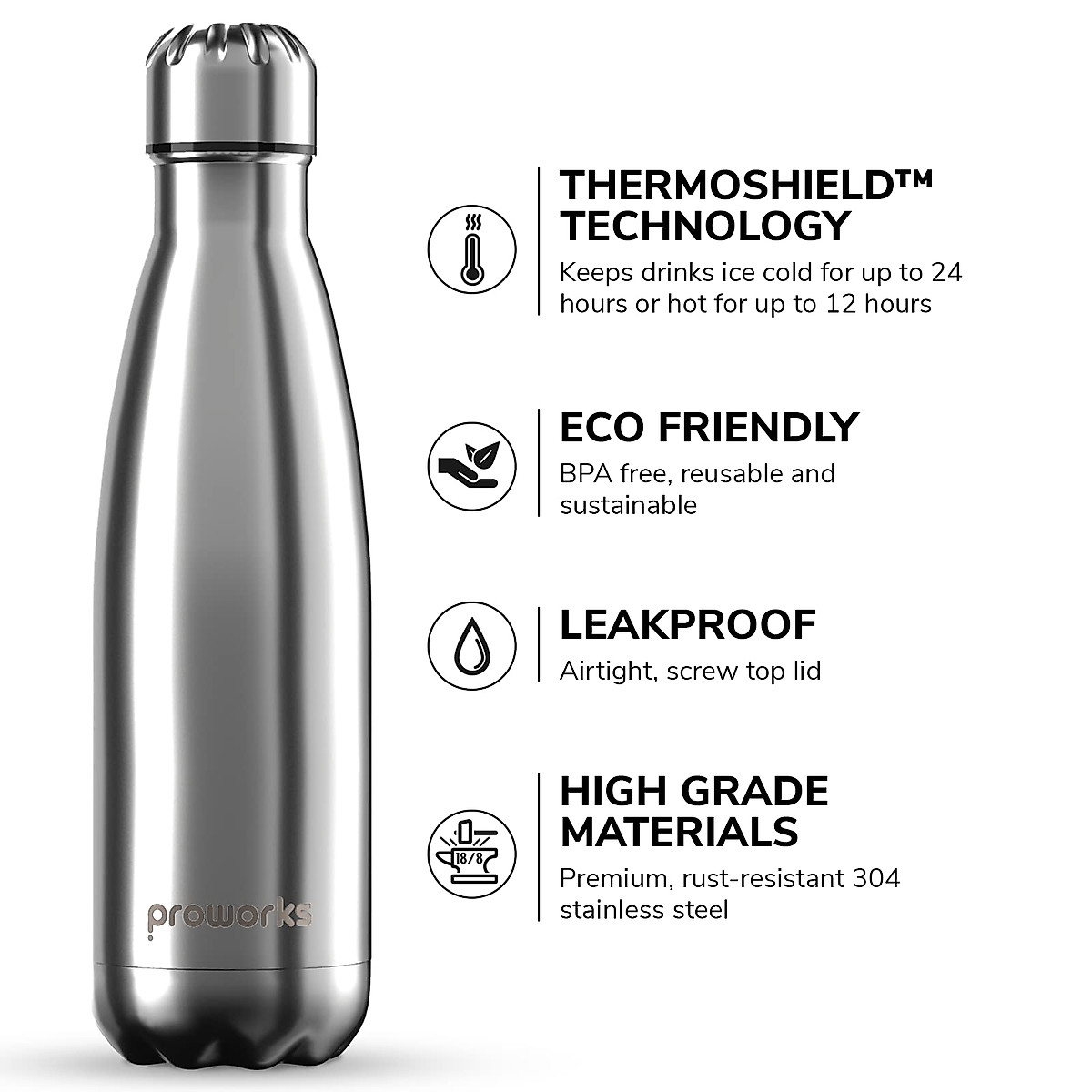 Proworks Stainless Steel Sports Water Bottle | Double Insulated Vacuum Flask for 12 Hours Hot & 24 Hours Cold Drinks - Great for Home, Work, Gym & Travel - BPA Free – Metallic Silver - 1L