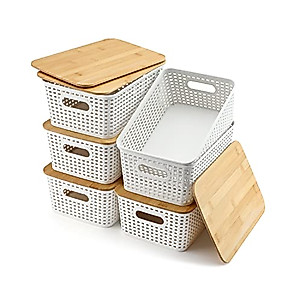 EOENVIVS Set of 6 Storage Baskets With Bamboo Lids, Plastic Storage Bins for Pantry Organization and Storage Containers for Shelves Drawers Desktop Closet Playroom Classroom Office Home, White