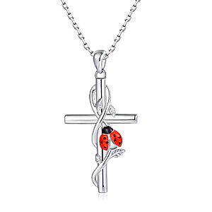 925-Sterling-Silver Cross Necklace for Women - Cute Red Ladybug Necklaces Religious Pendant Hypoallergenic Ladybug Jewelry Birthday Christmas Gift for Teen Daughter Mother (Ladybug Cross Necklace)