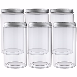 HoleviFO 43oz (1280ml,6 Pack) Clear Empty Plastic Jars with Silver Screw Lids and Labels Round Plastic Jar Wide-mouth PET Straight Cylinder Containers for Household and Kitchen Pantry Organization