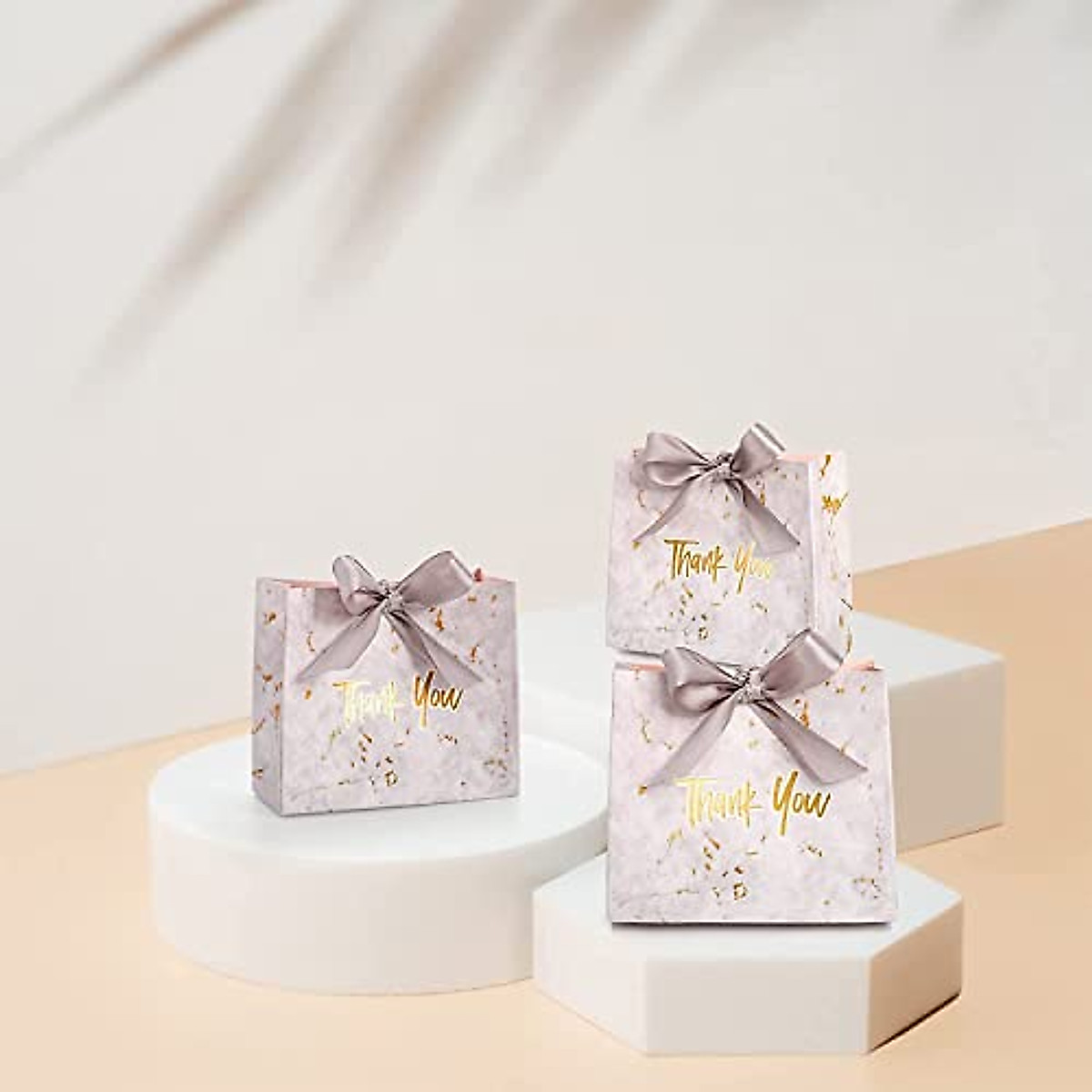 Hacaroa 50 Pack Small Thank You Gift Bags with Silver Ribbon, Marble Pattern Party Favor Bags Candy Boxes, 4.5x1.8x4 Inch Mini Paper Gift Bags Bulk for Wedding, Bridal Shower, Baby Shower