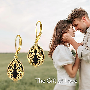 Sterling Silver Black Onyx Earrings18K Gold Plated Filigree Teardrop Leverback Dangle Earrings Boho Drop Earrings Jewelry Christmas Gifts for Women