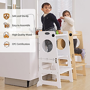 White Toddler Tower Step Stool for Kids Kitchen Stool Helper Toddler Standing Tower Foldable Toddler Table Kids Table and Chair Set 4 in 1 Montessori Helper Tower