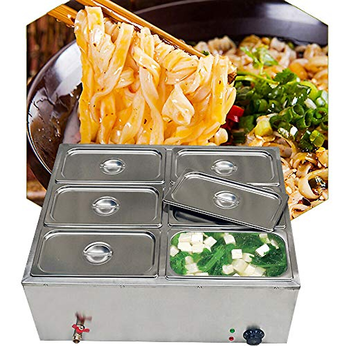 TFCFL Commercial Food Warmer 6-Pan Steamer Stainless Steel Bain-Marie Buffet Electric Countertop Food Warmer Steam Table 110V 850W for Catering and Restaurants
