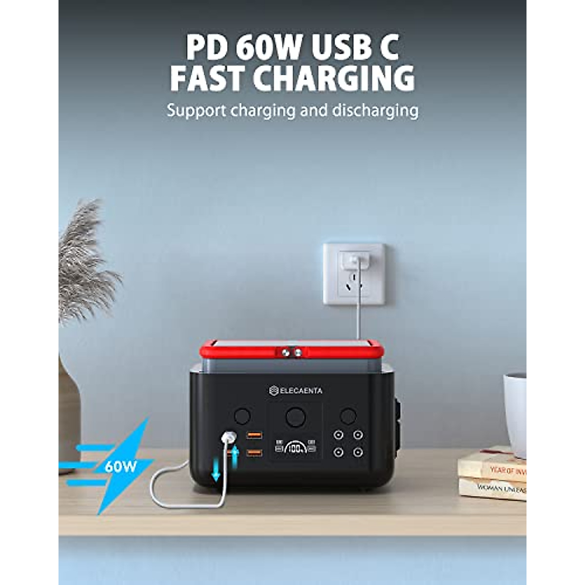 ELECAENTA Portable Power Station 200W, 200Wh LiFePO4 Battery Backup, 100W Solar Fast Charging, 2 AC Pure Sine Wave Outlets, PD 60W USB C, Lightweight Solar Generator for Outdoor Camping Fishing RV