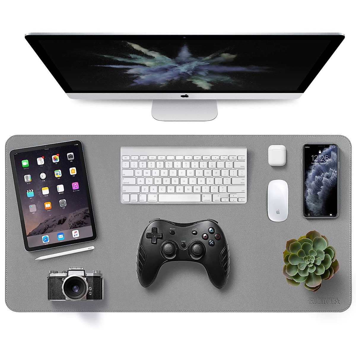 EMINTA Dual Sided Office Desk Pad, New Upgrade Sewing Waterproof PU Leather Large Mouse Mat Desk Blotter Protector, Ultra Thin Desk Writing Mat for Office/Home (Gray/Silver, 31.5" x 15.7")