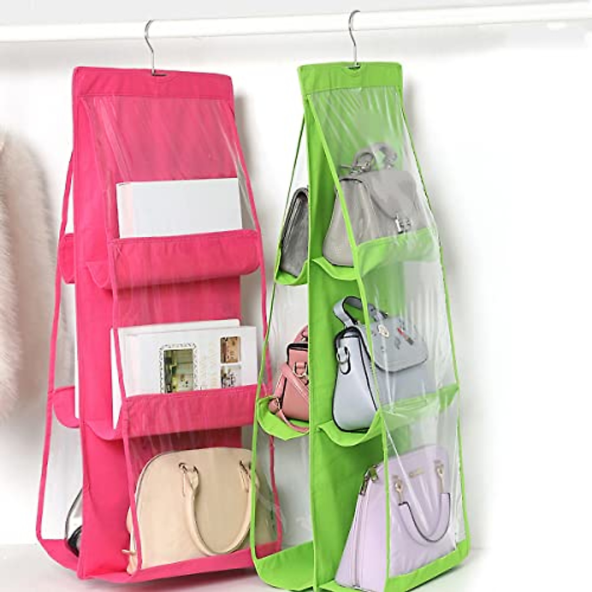 Double-Sided Six-Layer Hanging Storage Bag, High Capacity Transparent Collapsible Non-Woven Hanging Handbag Storage Hanging Bag, Hanging Closet Storage Bag (Purple)
