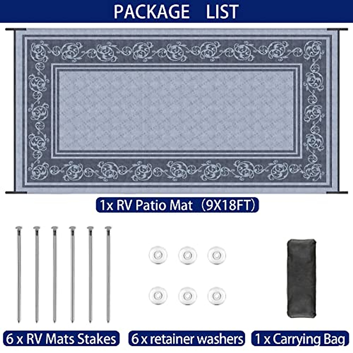 EEZ RV Products 9x18VG Heavy Duty Reversible/Durable Outdoor Patio/RVing Mats(9ft x18ft Vine Grey) Come with Large Storage Bag & 6 Sets of Stakes and Washer