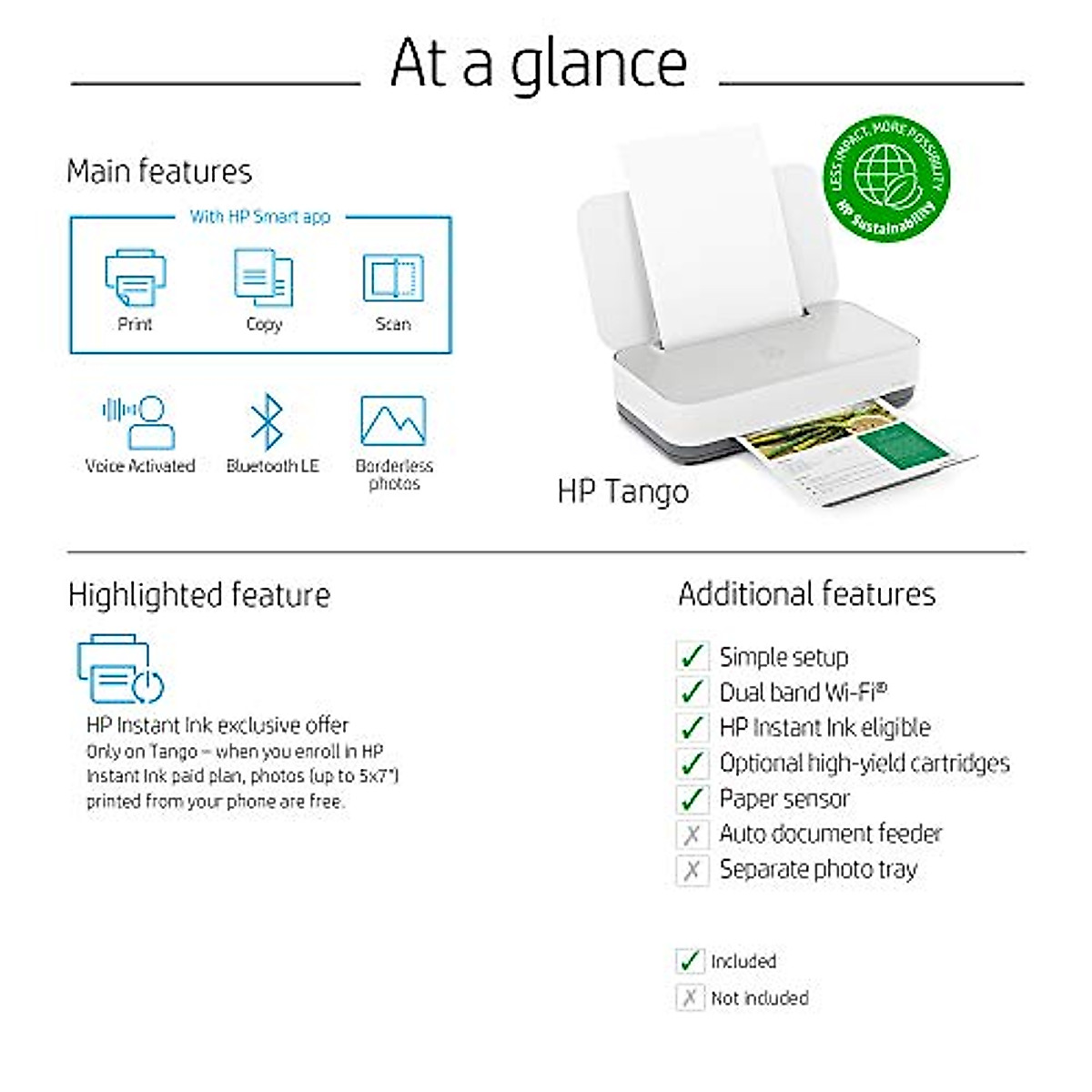 HP Tango Smart Wireless Printer – Mobile Remote Print, Scan, Copy, HP Instant Ink, Works with Alexa(2RY54A),White