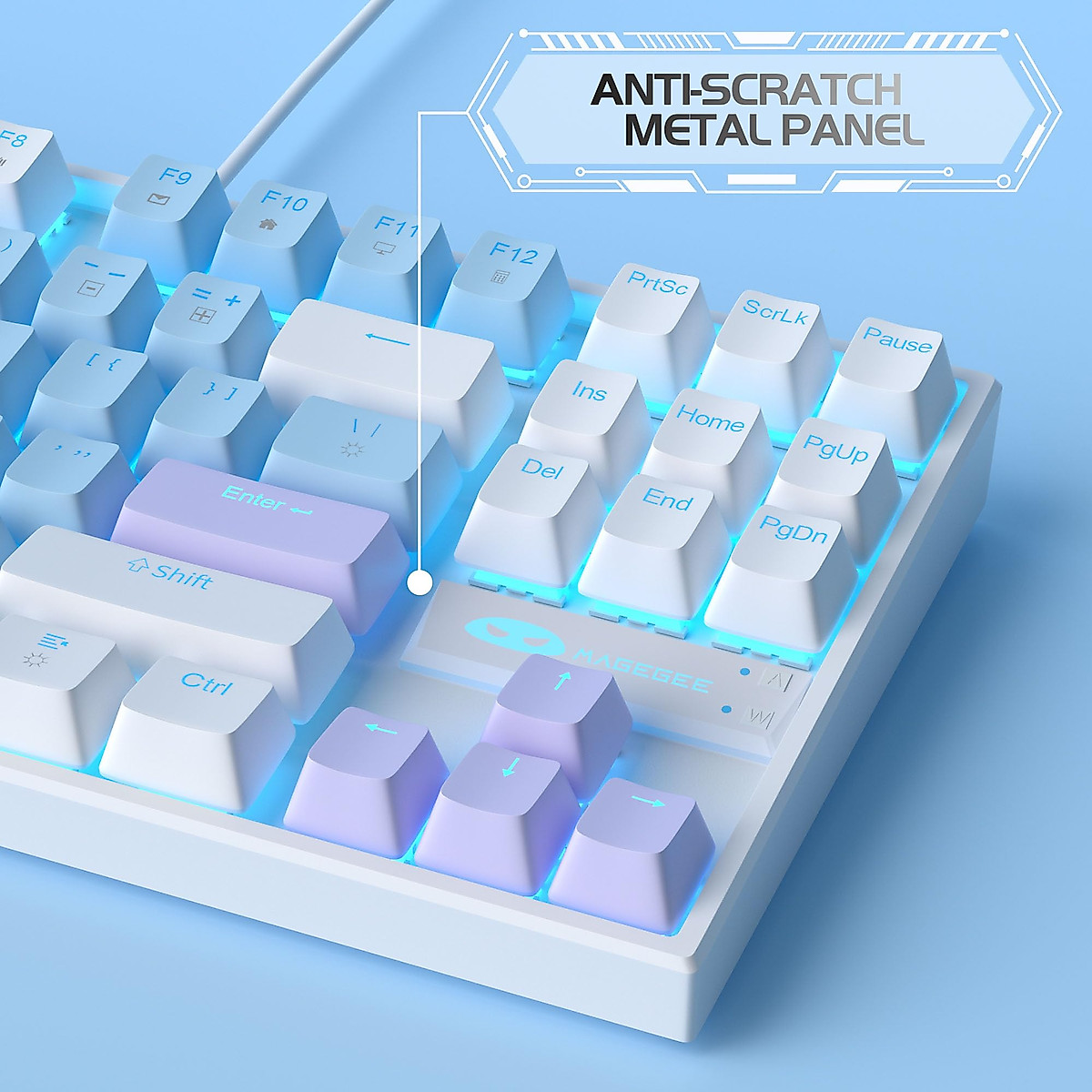 MageGee 75% Mechanical Gaming Keyboard with Blue Switch, LED Blue Backlit Keyboard, 87 Keys Compact TKL Wired Computer Keyboard for Windows Laptop PC Gamer - Blue/White