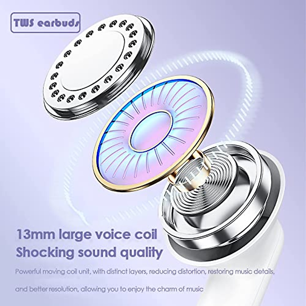 True Wireless Earbuds Purple Bluetooth 5.3 with Microphone for Working Out Noise Canceling Blue Tooth Ear Buds Deep Bass TWS Wireless Earphones with Charging Case in Ear Headphone for iPhone Android