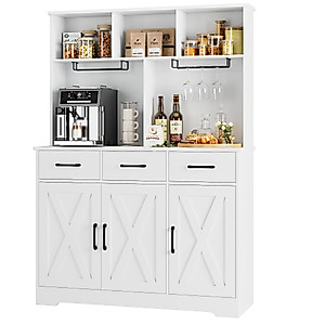 HOSTACK Buffet Cabinet with Hutch, Modern Farmhouse Kitchen Buffet Sideboard Storage Cabinet with 3 Drawers, Barn Door Coffee Bar Station, Liquor Cabinet for Dining Room, Living Room, White