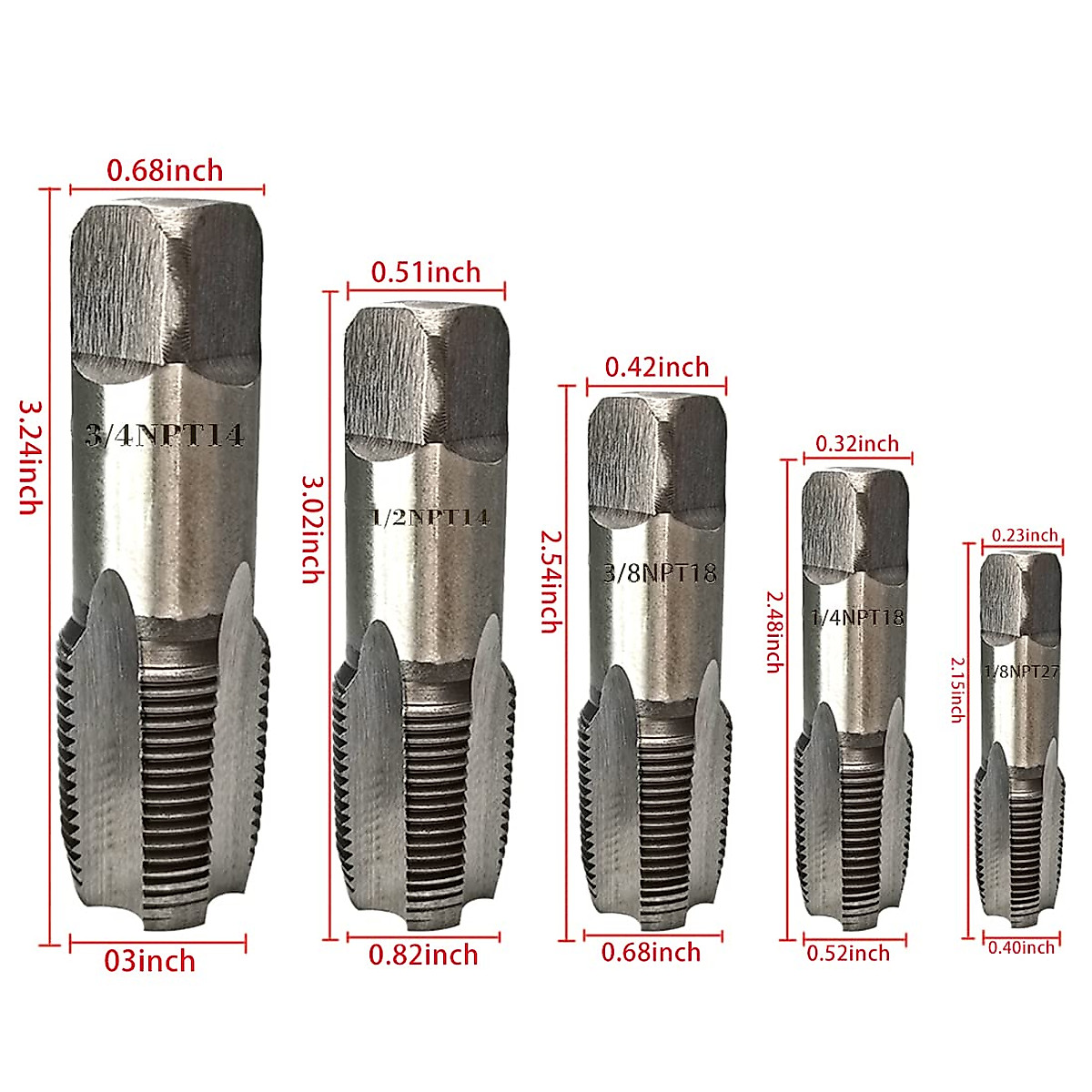 NPT Thread Forming Taps - 5 Pieces 1/8", 1/4", 3/8", 1/2", 3/4" Pipe Taps Set with Storage Box Drill Bits for Cleaning or Re-thread Damaged or Jam Pipe Threads, High-speed Steel Material