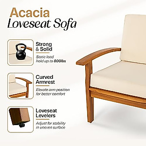 IDZO Laurent 3 Piece Acacia Wood Patio Furniture Set, 1 Outdoor Loveseats + 2 Outdoor Club Chairs, Teak Finish Wooden Patio Furniture Set with 3.9in Thick Soft Cushions for Porch Patio Garden