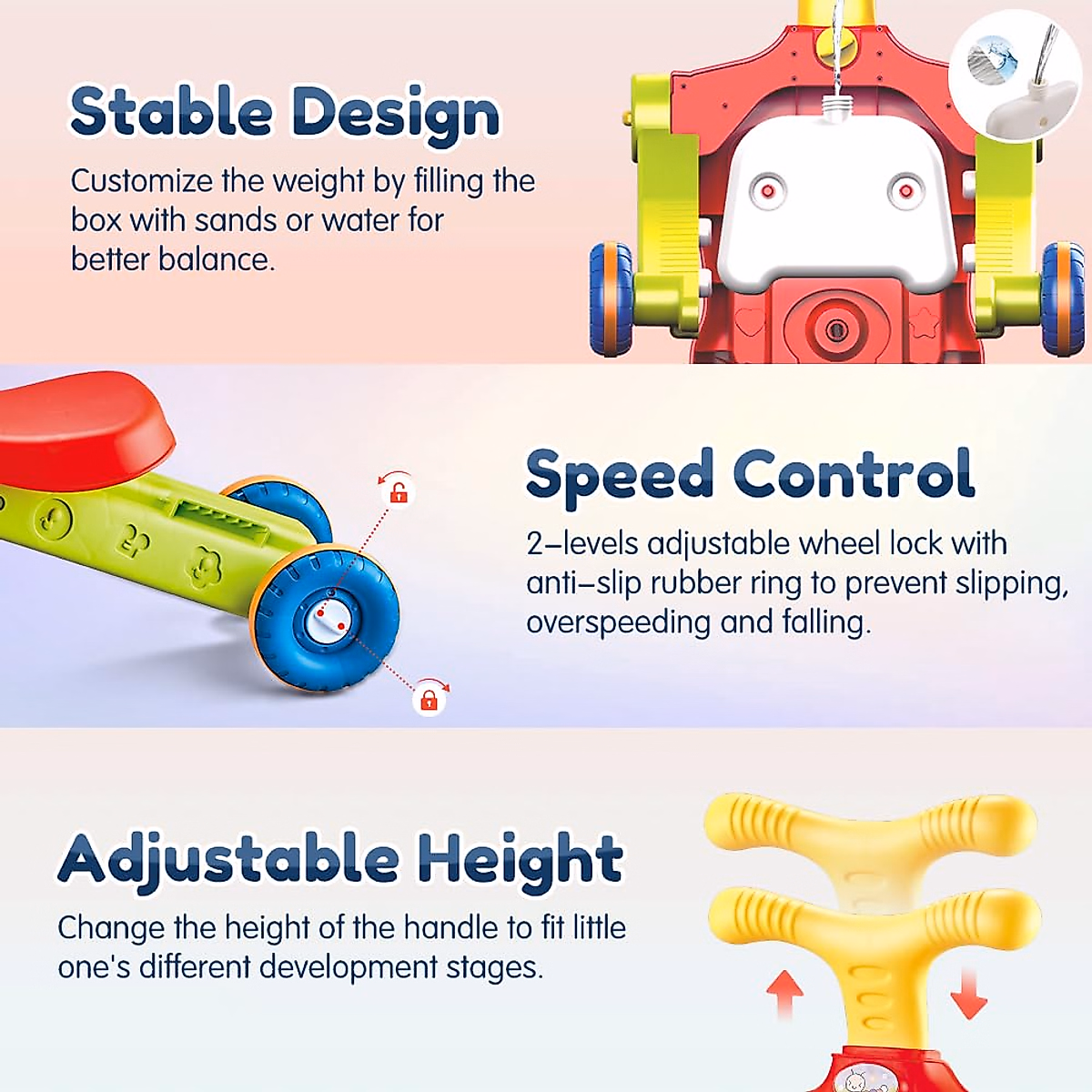 Baby Walker 5 in 1,VATOS Sit-to-Stand Learning Walker,Assemble as Scooter/Balance Bike/Push Walker/Activity Table/Detachable Panel,Push Walkers Toys with Music for Toddlers Infant Boys Girls