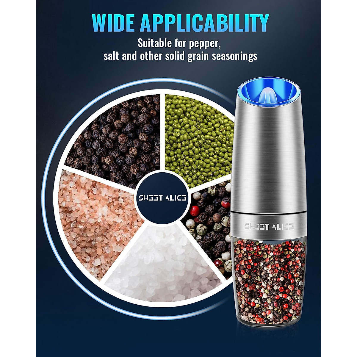 Gravity Electric Pepper and Salt Grinder Set, Salt and Pepper Mill & Adjustable Coarseness, Battery Powered with LED Light, One Hand Automatic Operation, Stainless Steel (Set/Silver)