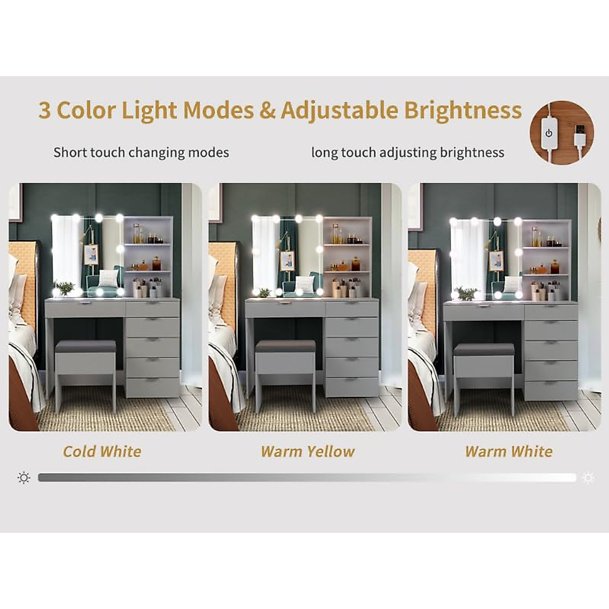 Karl home Vanity Desk with Sliding Mirror, 6-Drawer Makeup Vanity, Bedroom Makeup Desk, Vanity Table with Adjustable Brightness & 3 Colour Light Modes,White