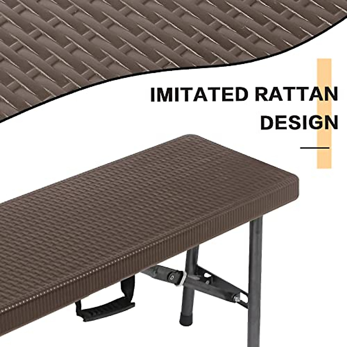 Todeco 2Pcs Folding Benches, 6 Ft Portable Foldable Bench Seat for Soccer Camping Picnic Party with Carrying Handle, Suit for Indoor & Outdoor, Brown Imitated Rattan