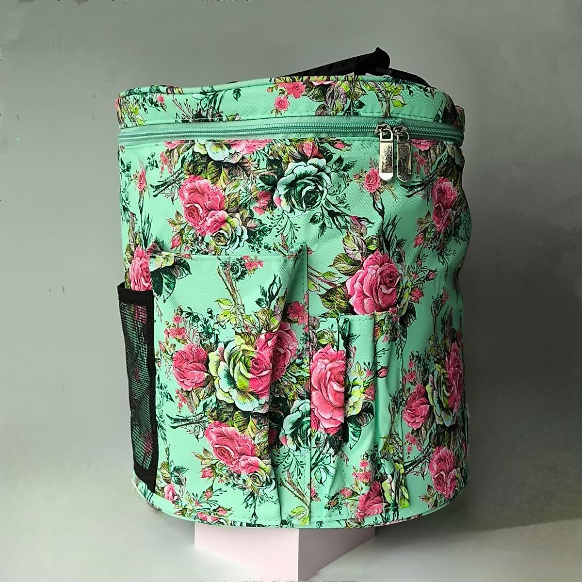 Colabrili Crochet Storage Organizer Bag, Round Wool Bucket Pouch with Peony Print, DIY Green Knitting Yarn Tote Storage Bag, Empty Round Yarn Storage Case for Knitting Supplies Set for Adults