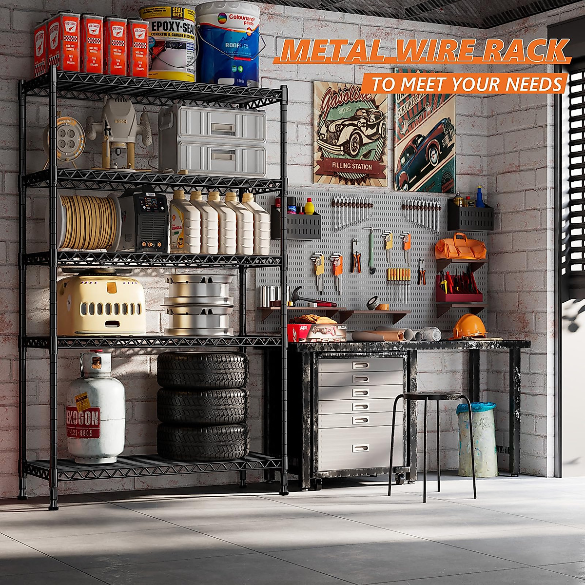 REIBII 73''H Storage Shelves 1780LBS Wire Shelving Unit with Wheels 5 Tier Metal Shelving,Heavy Duty Metal Shelves for Storage Rack,73''HX35''WX15''D