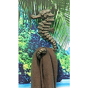 Ebros Verdigris Green Cast Iron Coastal Marine Ocean Nautical Seahorse Wall Mounted Coat Hooks Set of 2 Nautical Sea Life Hook Hangers Decor Sculpture Seahorses Coral Reef