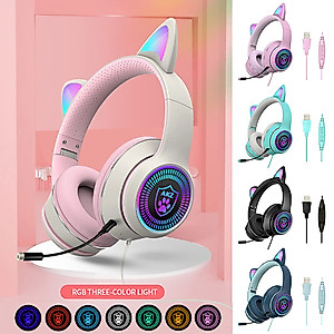 UXELY Cat Ear Gaming Headset USB Wired Headphones with Mic Foldable RGB Light Up Headphones for Laptop/Computer(Black)