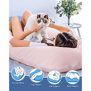 AngQi Pregnancy Pillows, U Shaped Pregnancy Body Pillow for Sleeping, 55 inch Maternity Pillow for Pregnant Women with Cooling Jersey Cover, Pink