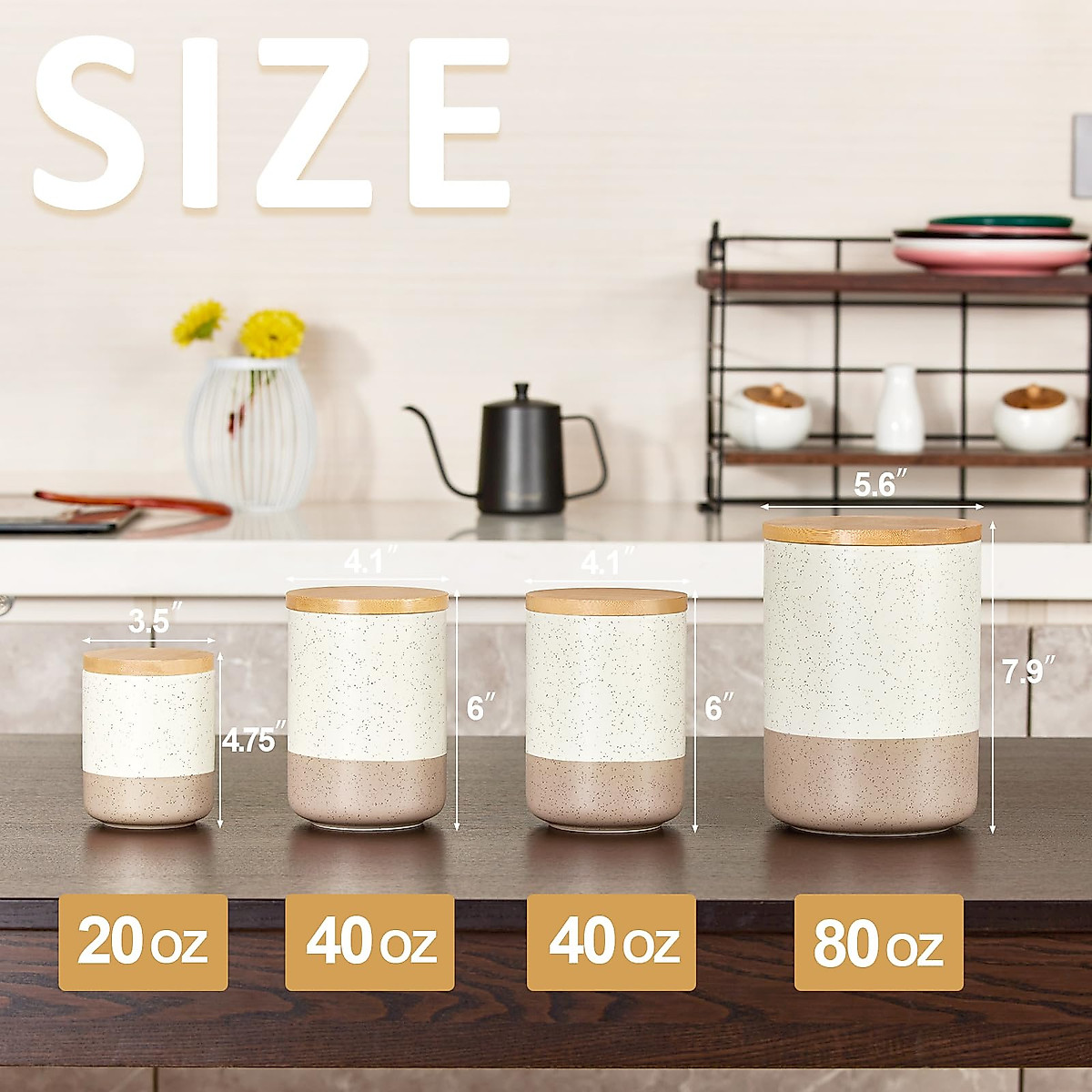 Yangbaga Canisters Sets for Kitchen Countertop-Set of 4 Ceramic Kitchen Canisters Food Storage Jar with Airtight Bamboo Lids & Spoons & Label,Large Flour and Sugar Containers for Serving Ground Coffee