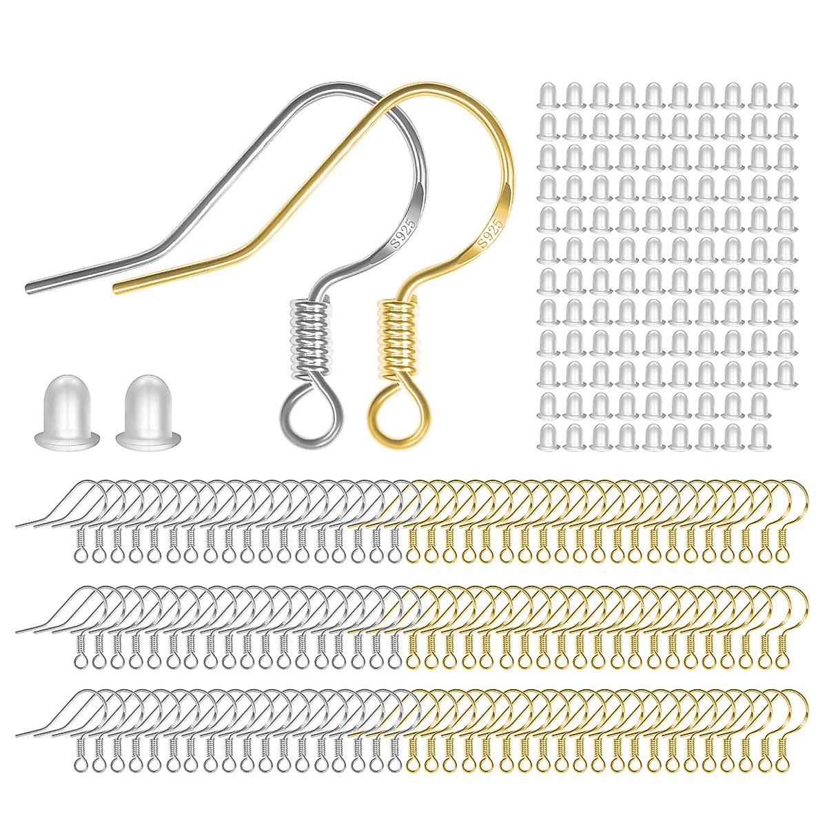 925 Sterling Mixed Earring Hooks 120 PCS/60 Pairs Hypoallergenic Ear Wires Fish Hooks for Jewelry Making, Jewelry Findings Parts with 120 PCS Rubber Earring Backs Stopper for DIY Earrings