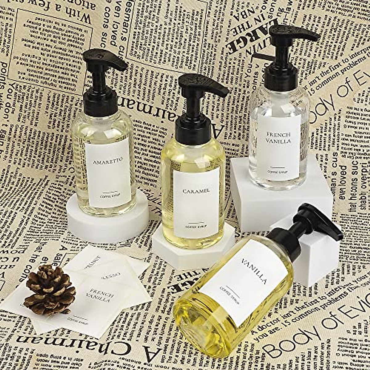 Ezebesta 4 Pieces Coffee Syrup Dispenser Bottle 300ml PET Black Pump Bottles with Labels for Coffee Bar Organization