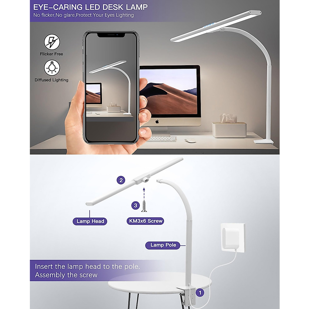 24W Gooseneck Clamp Light for Home Office, 4 Color Modes Dimmable Table Lamp and Stepless Dimming, Modern Architect Desk Lamp for Studio Reading Home Study (Color : White)