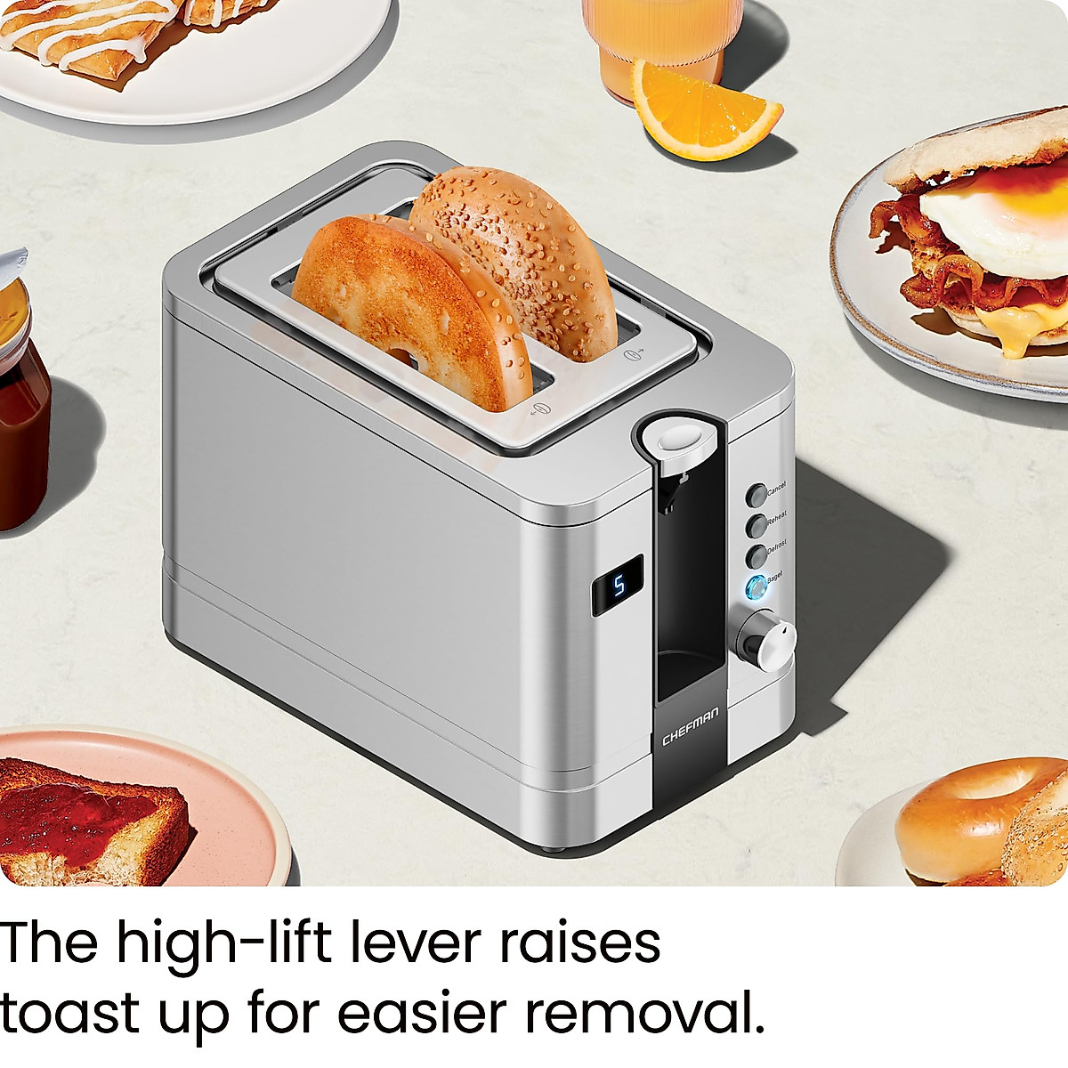 Chefman 2-Slice Digital Toaster, Pop-Up, Stainless Steel, Extra-Wide Slots For Bagels, Defrost, Reheat, Cancel Functions, Removable Crumb Tray