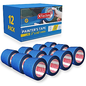 XFasten Blue Painters Tape Bulk 3-Inch x 60-Yards (12-Pack, 2160ft Total) Wall Safe Blue Painters Tape 3 Inch Wide, Blue Masking Tape Bulk, Blue Paint Tape for Walls, Painting, Automotive