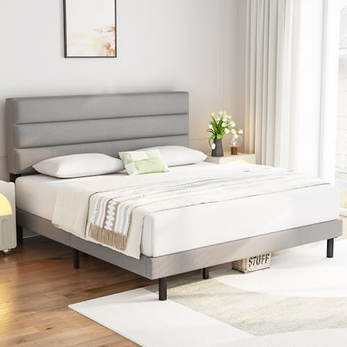 IYEE NATURE Bed Frame Full Size with Headboard,Sturdy Platform Bed with Wooden Slats Support,No Box Spring,Mattress Foundation,Easy Assembly,Grey