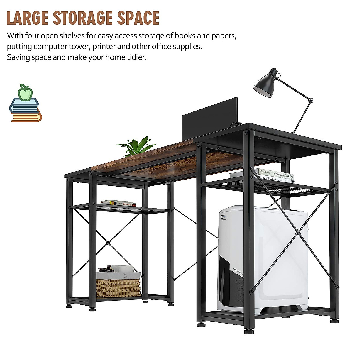 Foxemart Computer Desk 47" Office Desk with Storage Shelves, Industrial Student Study Writing Desk, Modern Work Desk for Home Office, Small Desk Gaming PC Table Workstation, Rustic and Black