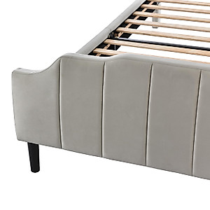 Bellemave Queen Size Upholstered Bed with Headboard and Footboard, Wood Queen Platform Bed Frame for Bedroom, Velvet Fabric, No Box Spring Needed (Queen, Gray)