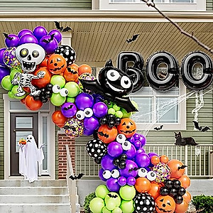 CboDeco 137pcs Halloween Balloon Garland Arch Kit with Black Orange Purple Green Pumpkin Confetti Balloons Skull Bat Foil Balloons for Halloween Theme Party Background Classroom Decorations