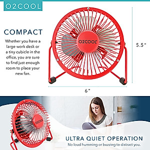 O2COOL 4" USB Personal Desk Fan – Portable Mini Table Cooling Fan - Plugs into Computer - Adjustable 360° Tilt, Quiet, Rubber Grip Feet - Red