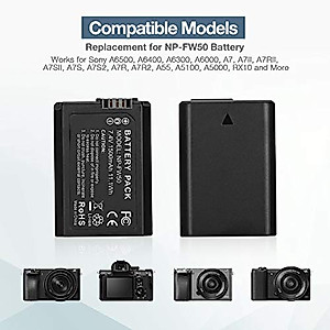 NP-FW50 Battery 2 Packs 1500mAh Rechargable Li-ion Batteries and Dual Charger for Sony A6500, A6400, A6300, A6000, A7, A7II, A7RII, A7SII, A7S, A7S2, A7R, A7R2, A55, A5100, RX10, RX10II