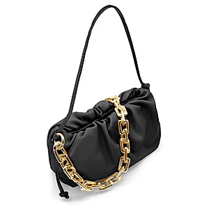 Women's Chain Link Cloud Clutch Bag | Dumpling-Shaped Pouch Purse Handbag | Ruched Chunky Chain Link Shoulder Handbags (Medium, Black)
