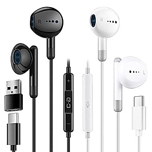 2 Packs of USB C Headphones, Type C Earbuds with Mic for Galaxy S22 Ultra Plus S21 S20, Pixel 6, OnePlus 10 Pro, iPad Pro Air Mini, USB-A to USB-C Adapter for Laptop Computer Use, White + Black