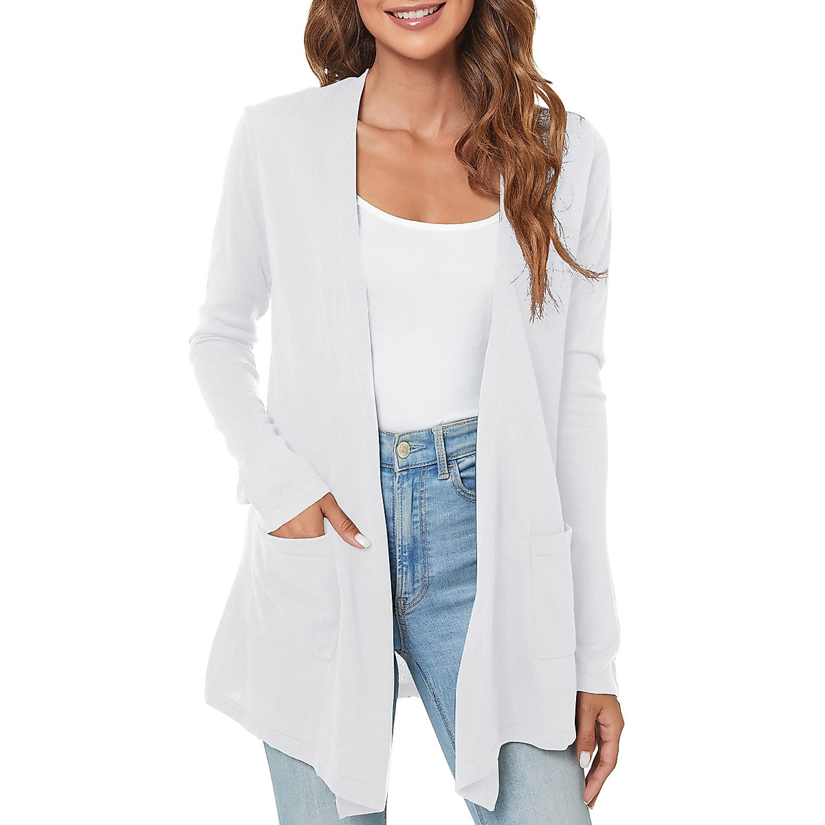 Urban CoCo Women's Long Sleeve Open Front Lightweight Cardigan Sweaters with Pockets (XL, White)