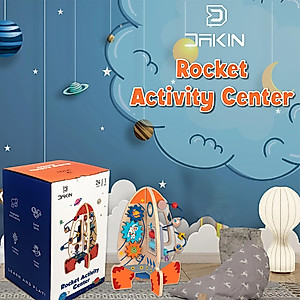 D DAKIN Rocket Toddler Wooden Activity Center Activity Cube Stand for 1 Year Old Boy Toys, Sensory and Educational Great First Birthday Gifts for Boys