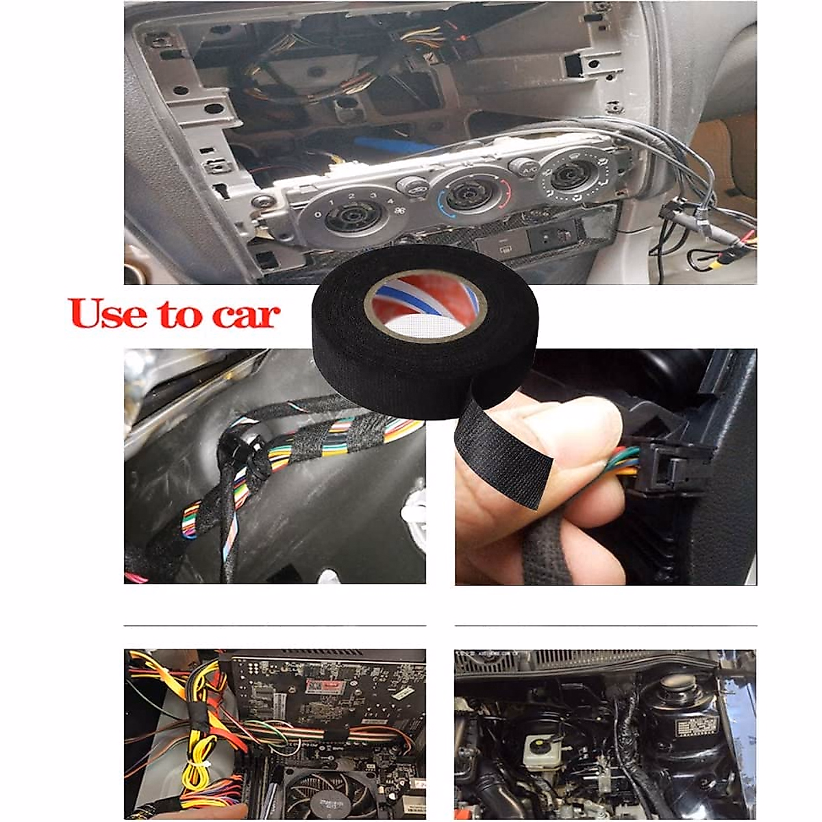 4 Rolls Wire Loom Harness Tape, Wiring Harness Cloth Tape, Black Adhesive Fabric Tape, for Automobile Electrical Wire harnessing Noise Dampening Heat Proof （19mm X 25m）