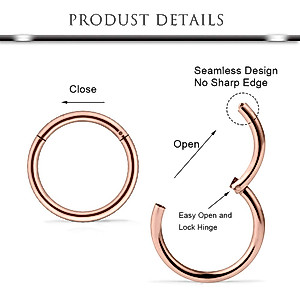 Hoeudjo Surgical Steel Hinged Clicker Segment Nose Rings Septum Clicker 16g 8mm Body Jewelry Lip Ear Piercing Earrings for Cartilage Helix Tragus Conch Daith Rook Lobe Snake Bite Women Men Rose Gold
