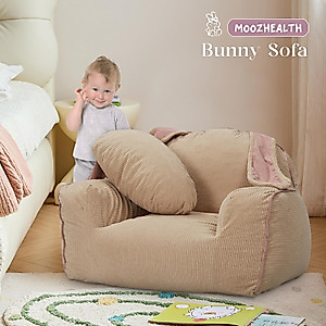 MOOZHEALTH Bunny Kids Sofa Toddler Chair,Toddler Bean Bag Chair with Carrot-Shaped Throw Pillow,Soft Corduroy Cover Comfy Toddler Chair for Reading and Napping, for Boys and Girls,Beige Bunny