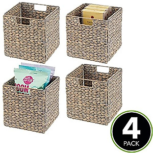 mDesign Natural Woven Hyacinth Cube Storage Bin Basket Organizer with Handles for Kitchen Pantry, Cabinet, Cupboard, Shelf/Cubby Organization, Hold Food, Drinks, Snacks, Appliances, 4 Pack, Gray Wash