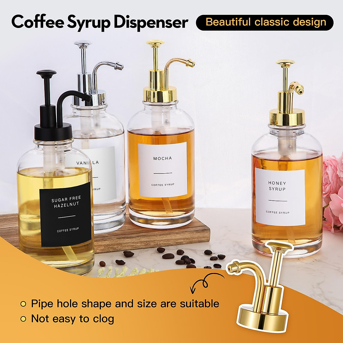 CNWSGEM Coffee Syrup Dispenser,Coffee Bar Accessories,4-Pack,16.9 Ounce,Syrup Dispenser for Coffee Bar,Syrup Dispenser with Pump,Contains Multi-style Labels, Cleaning Tools, Funnel,Pen